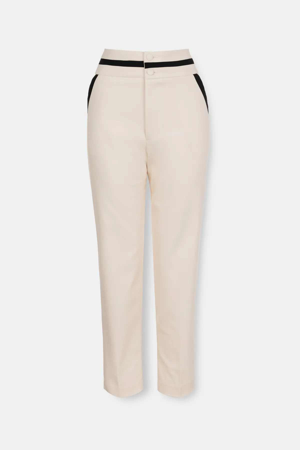 PANTALONE SA NAGLAŠENIM POJASOM I KONTRASTNIM DETALJIMA