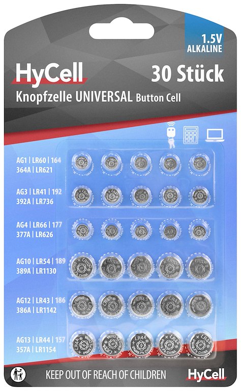HyCell komplet dugmastih baterija alkalna 1,5 V pak. 30 kom.