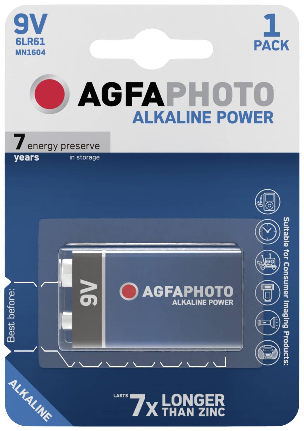 AgfaPhoto 9 V blok baterija alkalna (Š x V x G) 25 x 48 x 16,5 mm