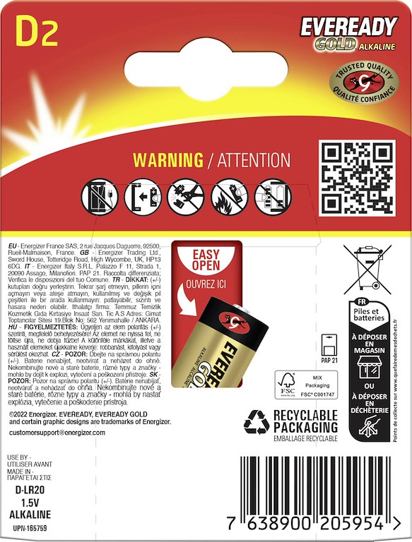 Eveready E304396900 D baterija alkalna 1,5 V D (Mono) pak. 2 kom.