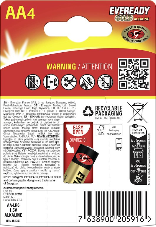 Eveready E304430400 AA baterija alkalna 1,5 V AA (Mignon) pak. 4 kom.