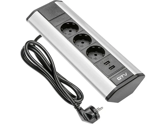 GTV Utičnica ugaona 4xkonektor, 2xUSB 1.5m alu AEPBKT3S2U80