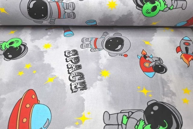 Pamučni materijal za posteljinu - dečiji dezen sa astronautima i svemircima
