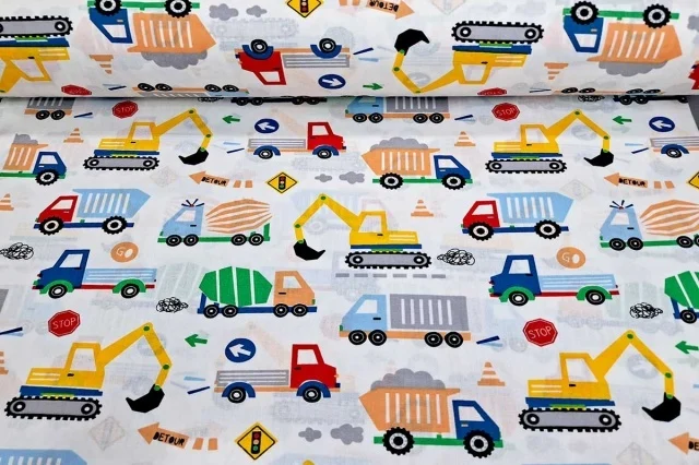 Pamučni materijal za posteljinu - dečiji dezen sa gradjevinskim mašinama