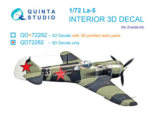NEW! Quinta Studio QD72282 Lavochkin La-5 - 3D-Printed & Coloured Interior on Decal Paper (for Zvezda Kits)