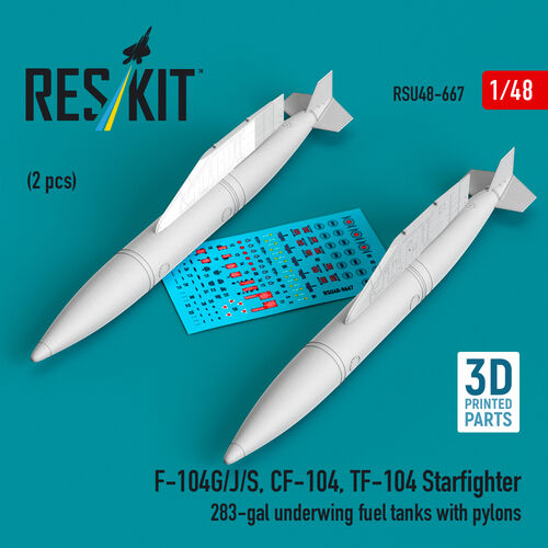 NEW! RES/KIT U48-0667 F-104 G/J/S, CF-104 and TF-104 Starfighter - 283-gal Underwing Fuel Tanks with Pylons (2 pcs / 3D-Printed)
