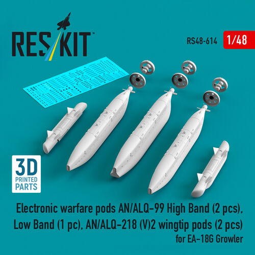 NEW! RES/KIT 48-0614 EA-18 G Growler - Electronic Warfare Pods AN/ALQ-99 High Band (2 pcs), Low Band, AN/ALQ-218 (V)2 Wingtip Pods (2 pcs) (3D-Printed)