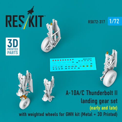 NEW! RES/KIT U72-0317 A-10 A/C Thunderbolt II - Landing Gear Set (Early and Late) with Weighted Wheels (for GWH Kits / Metal + 3D-Printed)