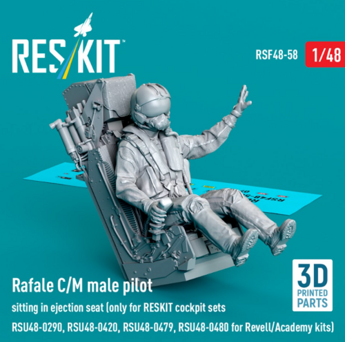 RES/KIT F48-0058 Rafale C / M - 3D-Printed Male Pilot Sitting in Ejection Seat (for RES/KIT Cockpit Sets)
