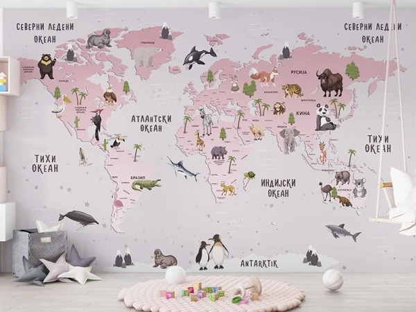Roze mapa sveta sa životinjama — dečja foto tapeta