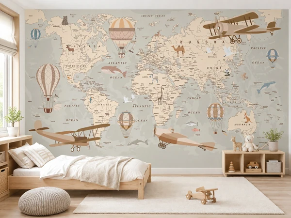 Vintage mapa sveta sa avionima i balonima — dečja foto tapeta