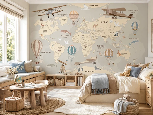 Vintage mapa sveta sa avionima, balonima i životinjama — dečja foto tapeta