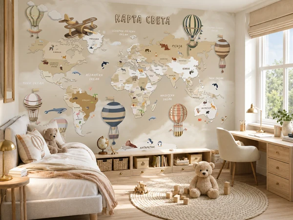 Bež mapa sveta sa životinjama i balonima — dečja foto tapeta
