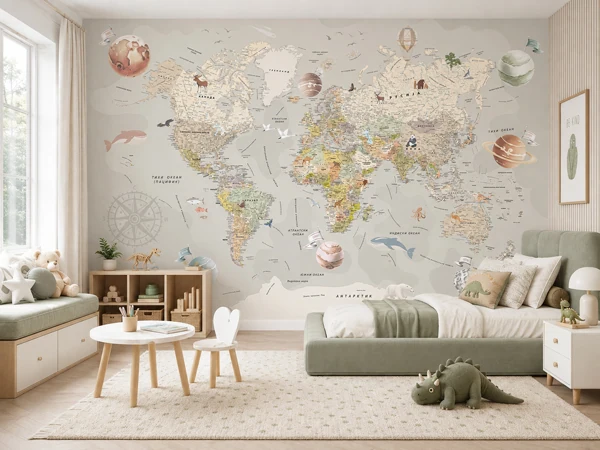 Vintage mapa sveta sa planetama — dečja foto tapeta