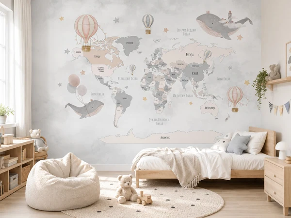Siva mapa sveta sa kitovima i balonima — dečja foto tapeta