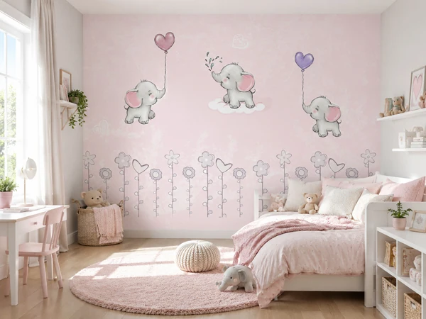 Slonovi, baloni i roze cvetovi — bebi foto tapeta