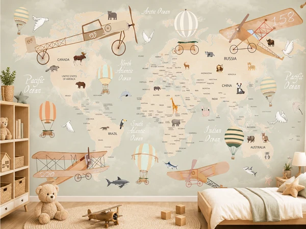 Pastelna vintage mapa sa avionima i balonima — dečja foto tapeta
