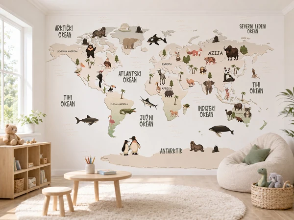 Siva mapa sveta sa životinjama — dečja foto tapeta