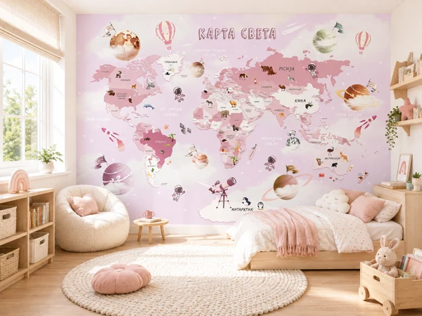 Roze mapa sveta sa životinjama — dečja foto tapeta