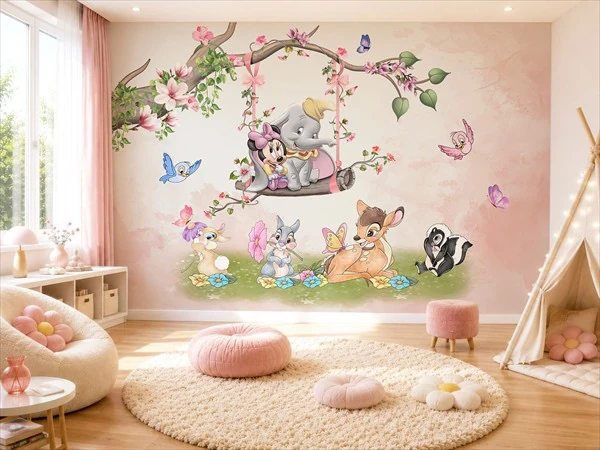Mini, Dambo i Bambi na cvetnoj ljuljašci — dečja foto tapeta