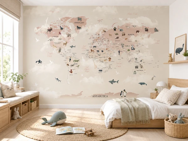 Bež mapa sveta sa životinjama i okeanima — dečja foto tapeta