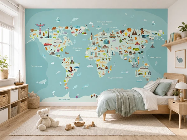 Tirkizna mapa sveta sa znamenitostima — dečja foto tapeta