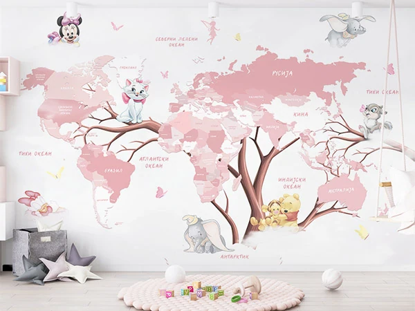 Roze mapa sveta sa mini maus i životinjama — dečja foto tapeta