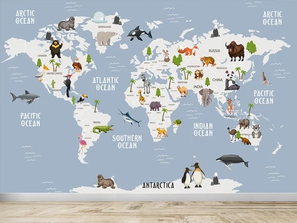 Plava mapa sveta sa životinjama — dečja foto tapeta