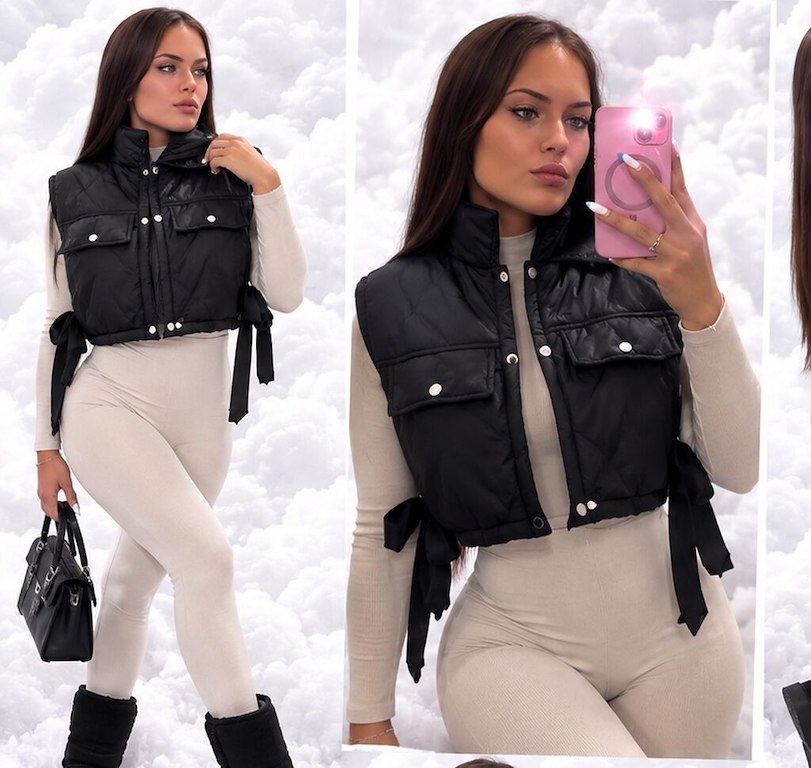 Ženska kratka puf jakna/prsluk – crna - Trendy cropped kroj do struka