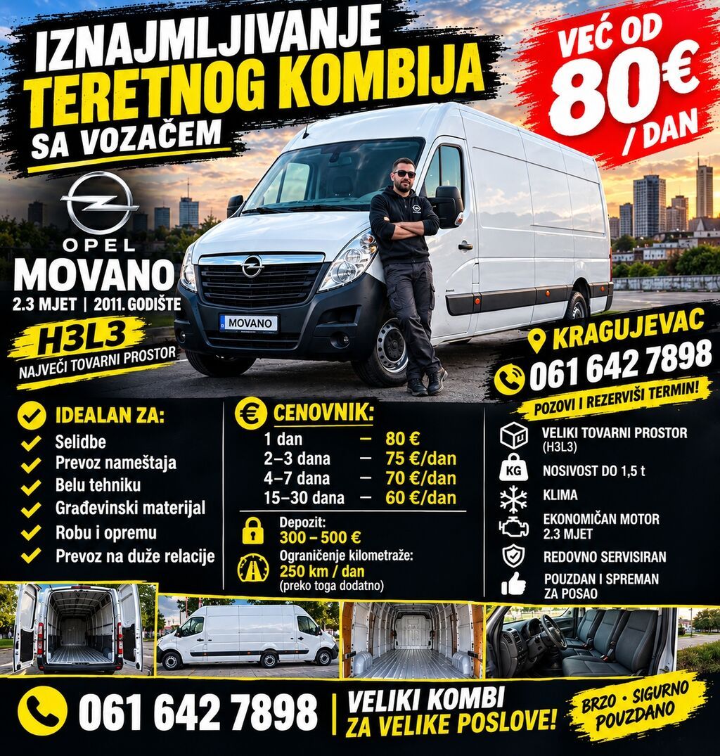 Iznajmljivanje teretnog kombija sa vozačem – Opel Movano H3L3 (2.3