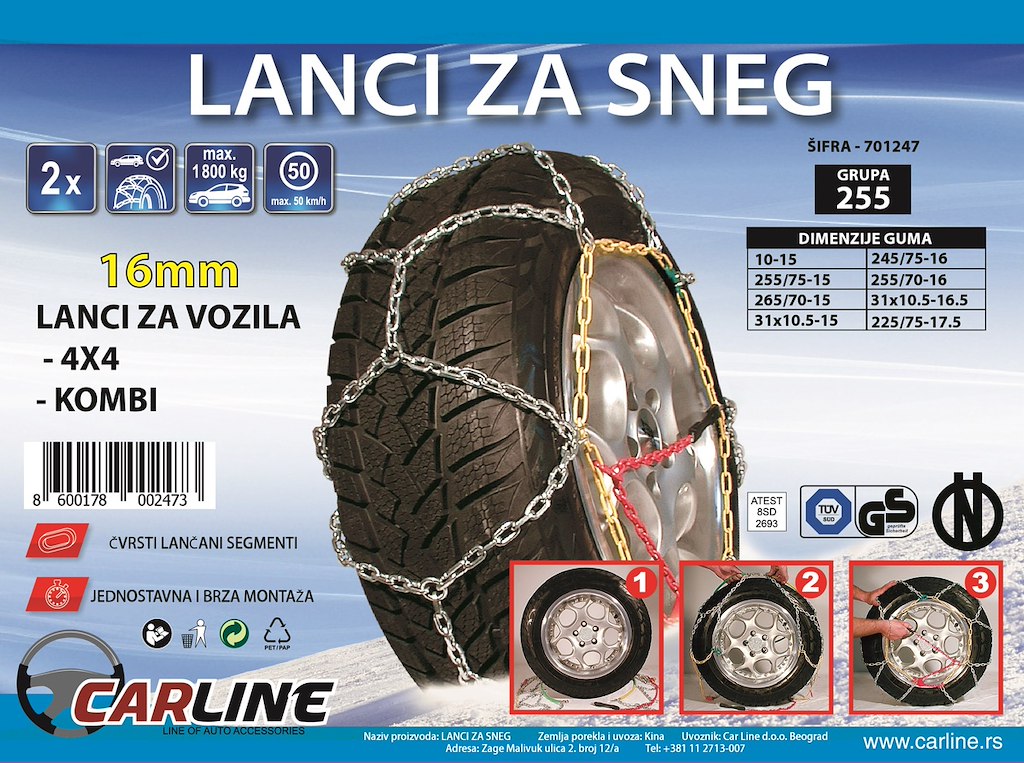 Lanci za sneg za 4x4 i laka dostavna vozila grupa 255 -16mmID: EK000887825