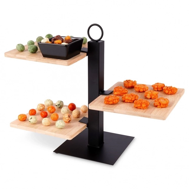 Vilde 139213 - Trospratni stalak za torte od bambusa sa činijom – 32 × 32 × 26,5