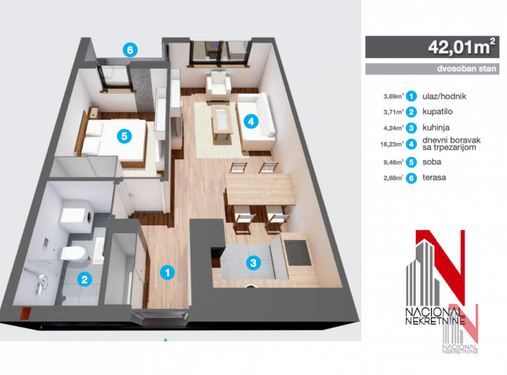 Jednoiposoban stan na prodaju, 42m2, 133.200€