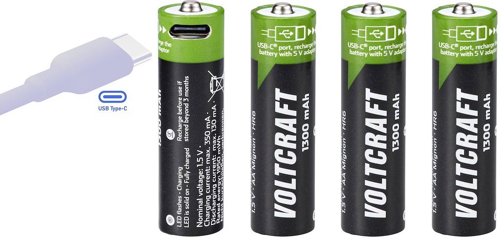 VOLTCRAFT VC-AA1300USB punjiva baterija sa USB-C punjenjem Li-Ion 1,5 V 1300 mAh AA
