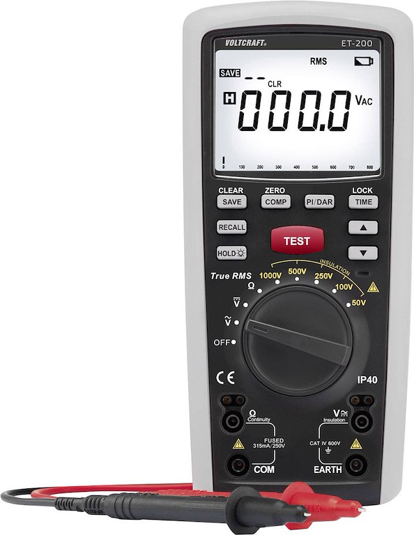 VOLTCRAFT ET-200 merač otpora izolacije 50 V, 100 V, 250 V, 500 V, 1000 V 20 GΩ 0,01 Ω – 20,0 GΩ