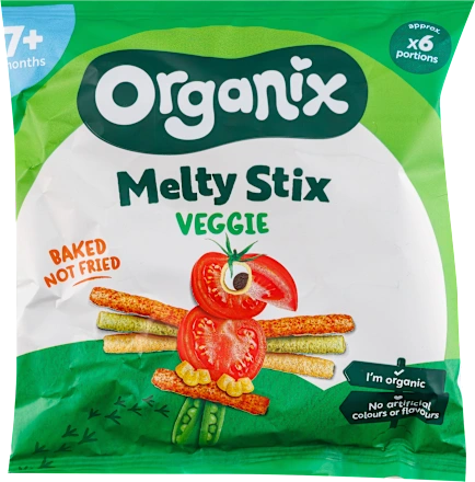 Organix
Organski pečeni ekstrudirani kukurzni i pirinčani flips, sa graškom, paradajzom i slatkim kukuruzom, od 7+ meseci, 15 g
Prelazna hrana