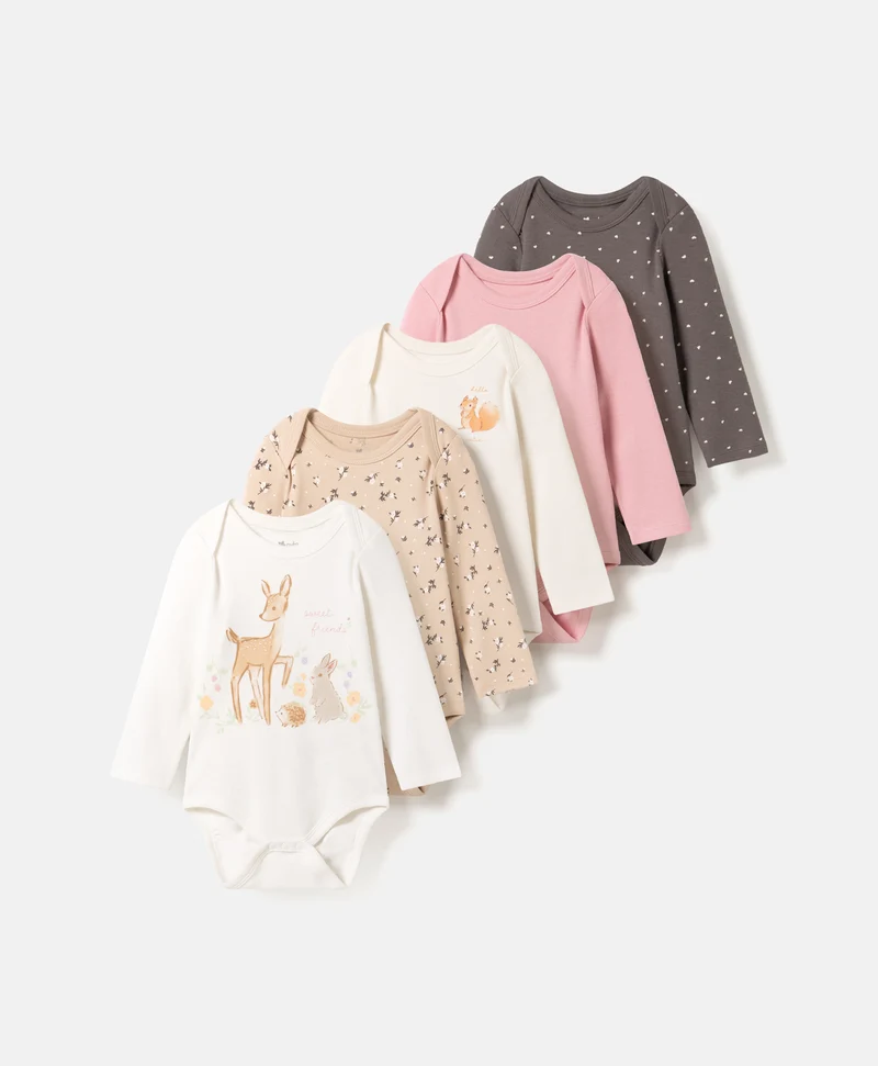 Set bodija za bebe, 5 komada, dugi rukavi, šumski prijatelji, 100% pamuk