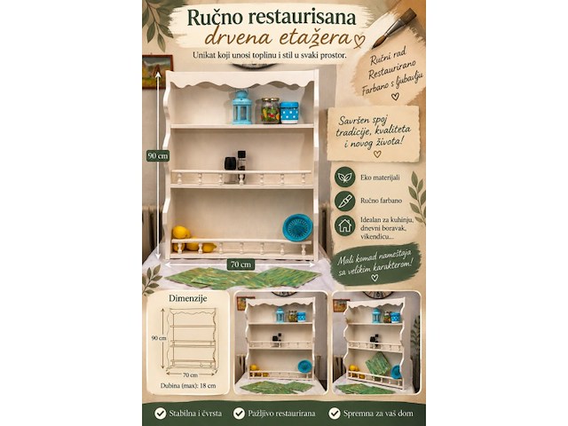 Ručno restaurirana drvena etažera / polica – 90 × 70 cm