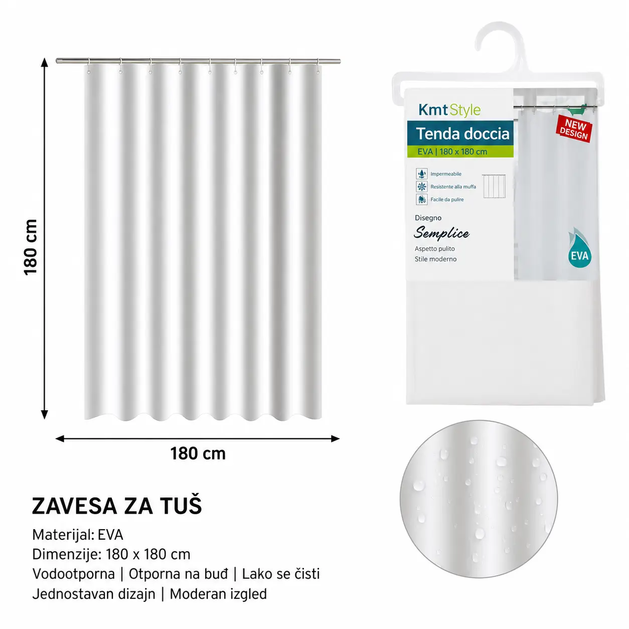 KMT Zavesa za tuš, EVA, 180x180 cm,Bela