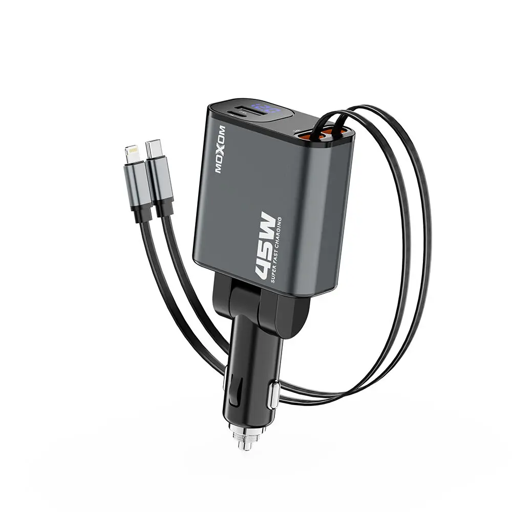 Moxom Auto punjač MX-VC53, USB, Type-C, Lightning, 45W, Crni