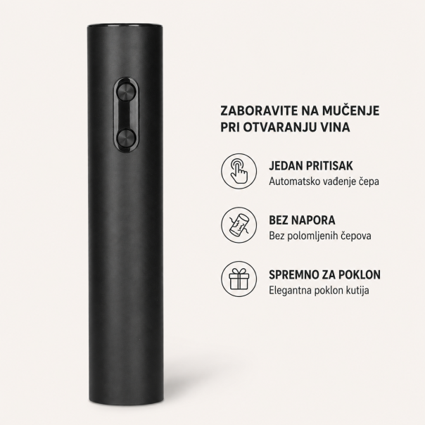 Električni otvarač za vino TORO - automatsko vađenje čepa, poklon kutija, crni