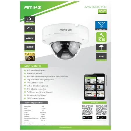 Amiko home kamera IP 3mp, cmos 1/2.8", lens 2.8 mm, poe - dvw20m300 poe