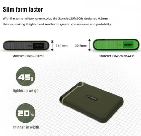 Transcend 1TB ExternalHDD Slim form factor M3G USB 3.1 2.5" Military Green ( TS1TSJ25M3G )