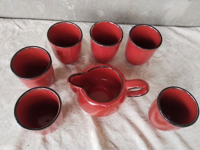 Vintage KIL Liboje keramički set – Crveni bokal i 6 čaš
