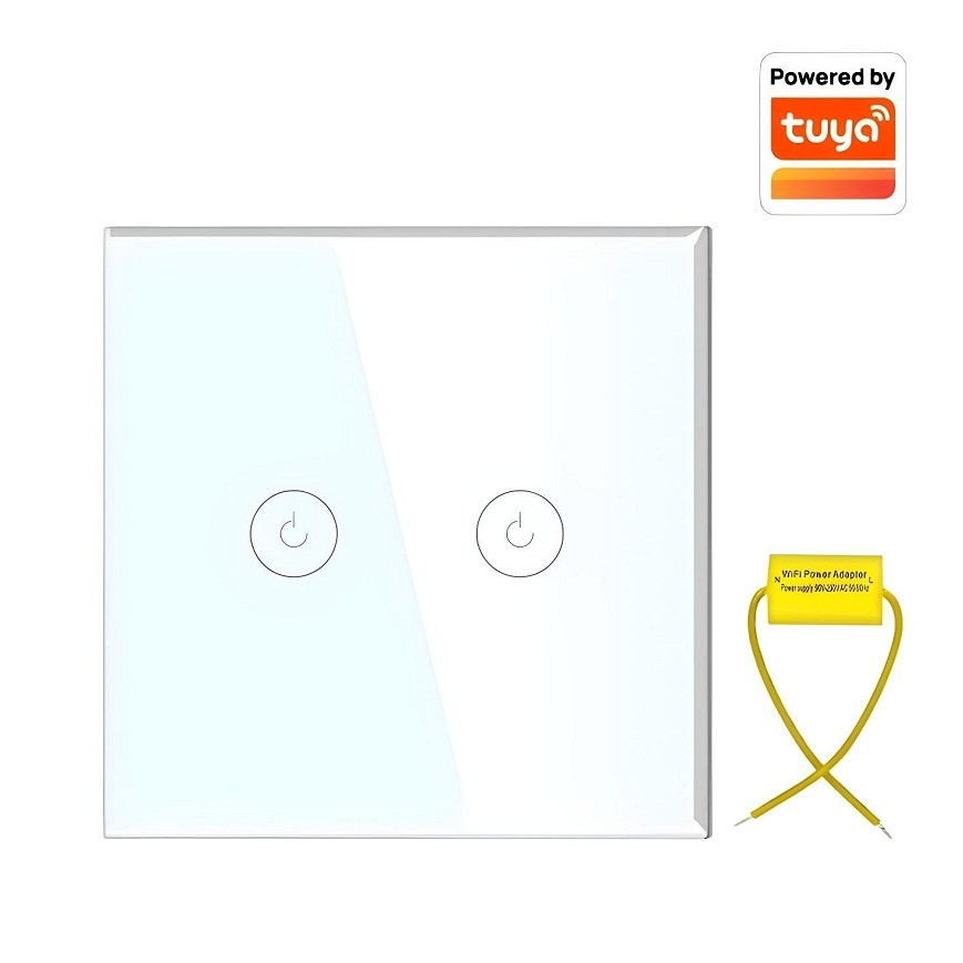 PREKIDAČ SMART BEZ NULE 2x10A STAKLENI TUYA BELI PROSTO