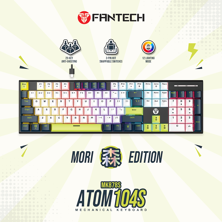 Tastatura Mehanicka Gaming Fantech MK878S RGB Atom 104S Mori bela (Red switch)