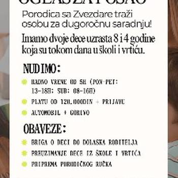 Posao za stalno: Briga o deci 4 i 8 godina ❲ 120000 din ❳