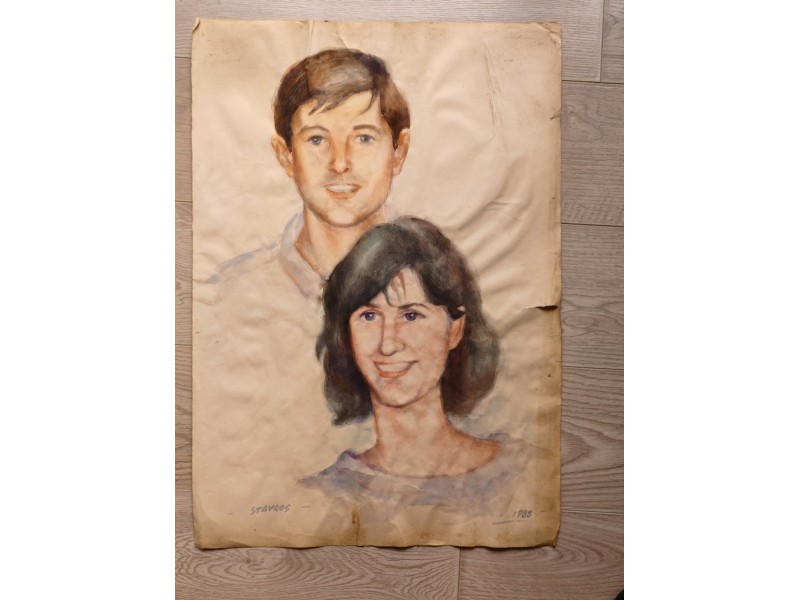 ORIGINAL AKVAREL STAVROS POPTSIS PORTRET IZ 1988 GODINE