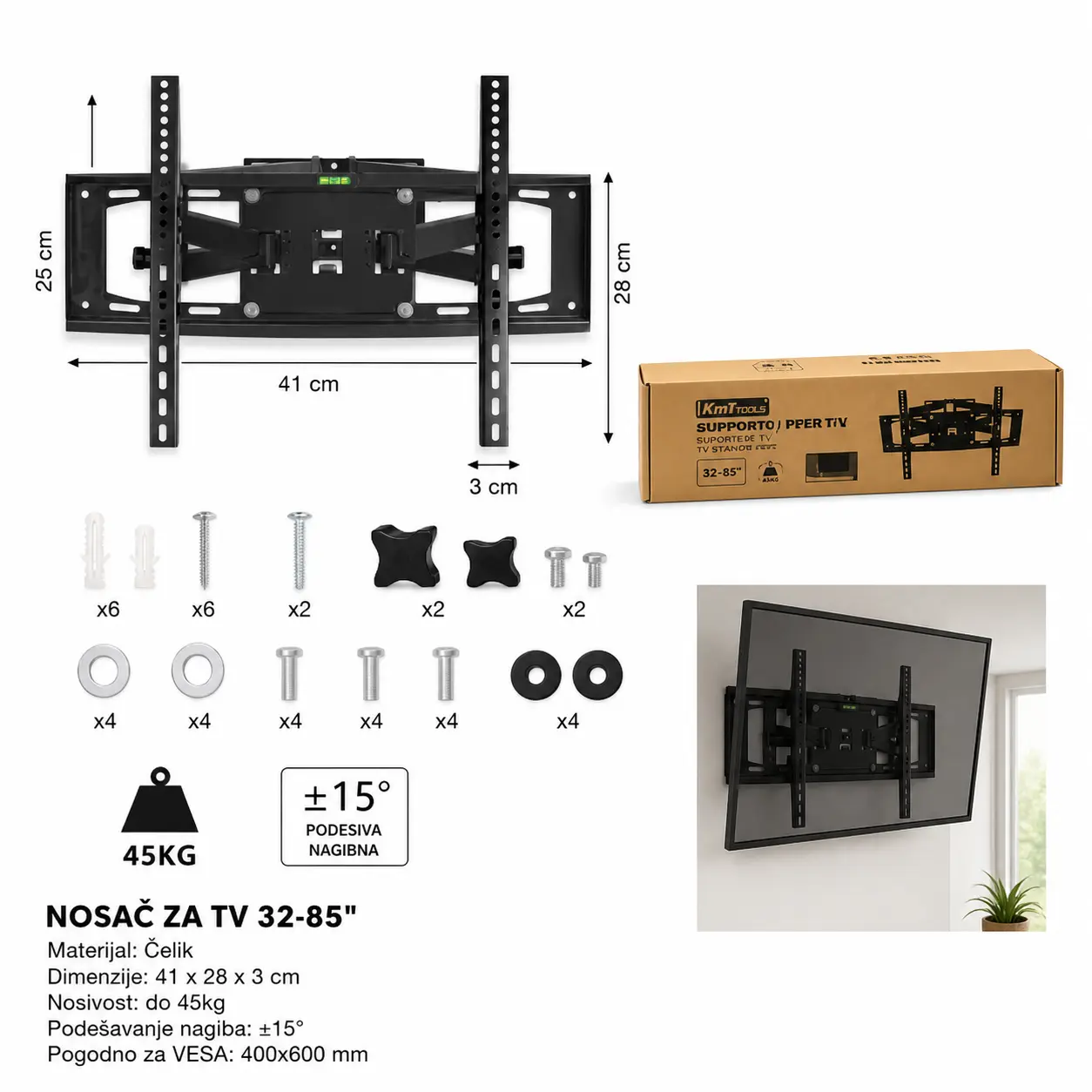 KMT Zidni nosač za TV, Dupli, 32-85 ", Crni