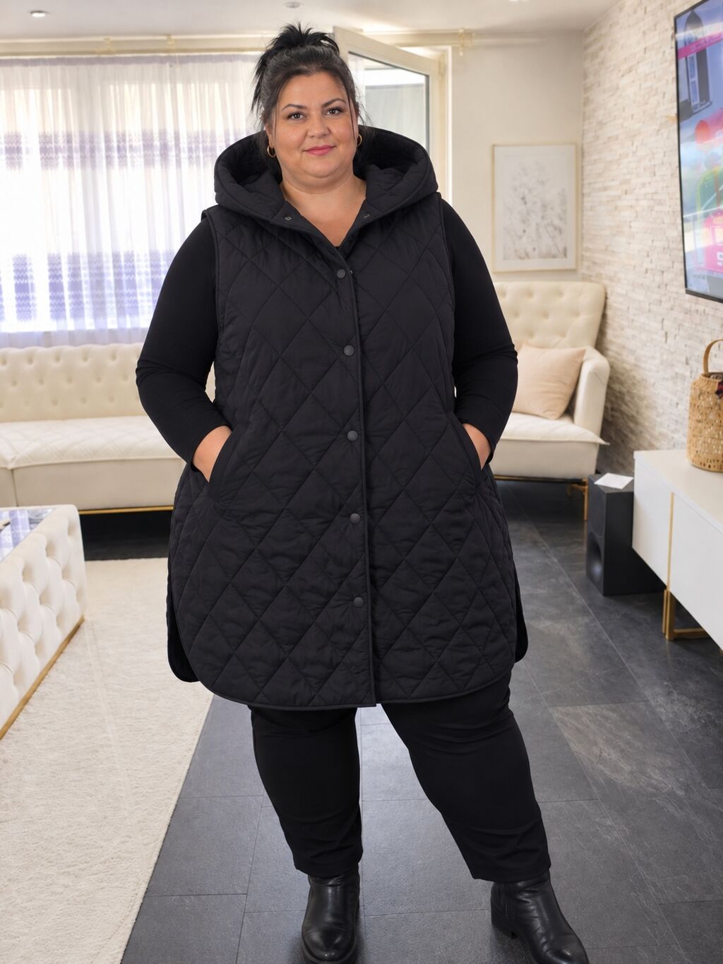 Duga, topla prsluk-jakna za žene (plus size) - Model: dugi puf prsluk